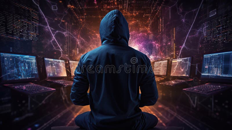 Artificial Intelligence, a Hacker Using Laptop, Sitting on Chair, Big ...