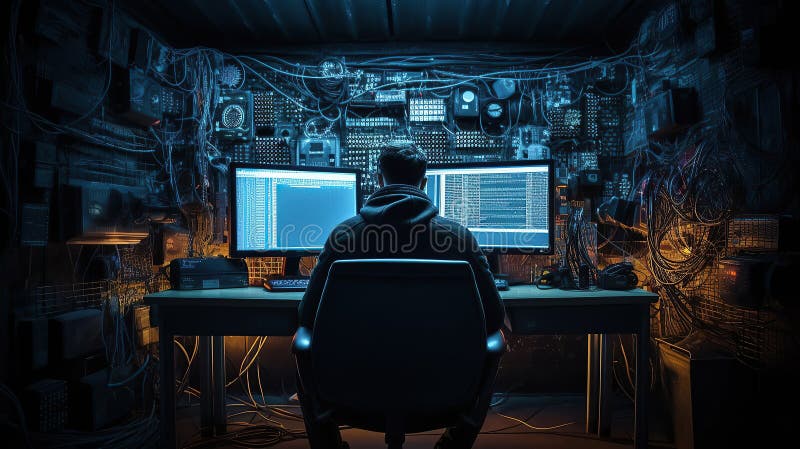 Artificial Intelligence, a Hacker Using Laptop, Sitting on Chair, Big ...
