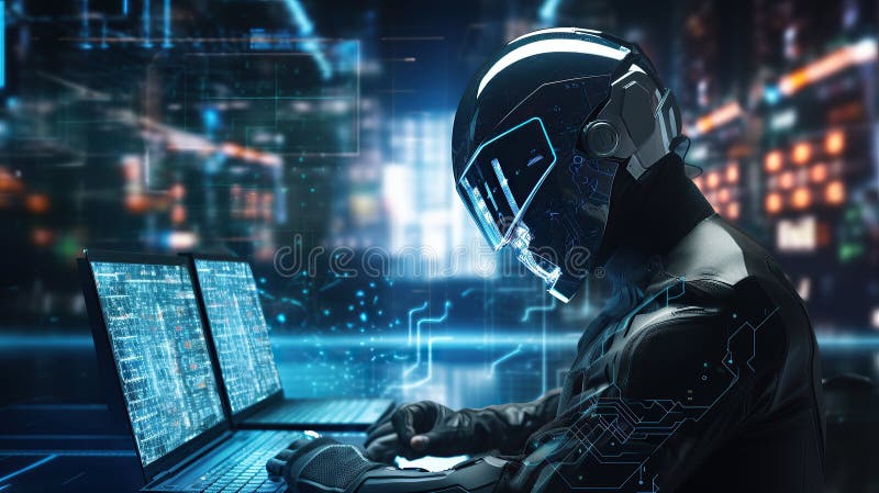 Artificial Intelligence Hacker Wear Helmet Sitting on Chair Using ...