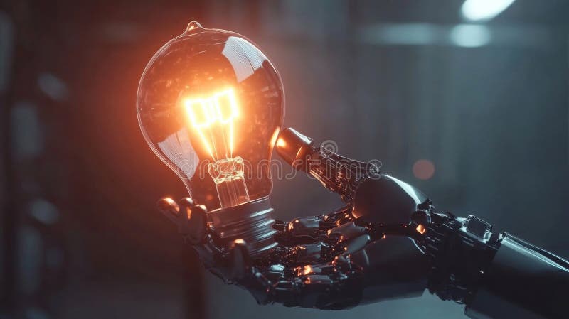 Artificial Intelligence Hand Holding a Glowing Idea Light Bulb Concept ...