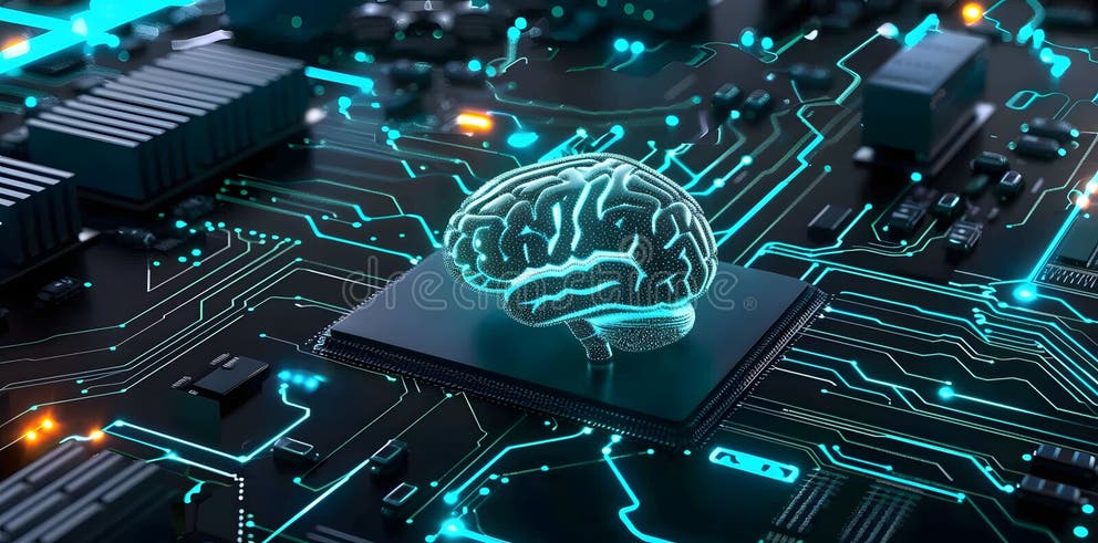 Artificial Intelligence Hardware Concept. Glowing Blue Brain Circuit on ...