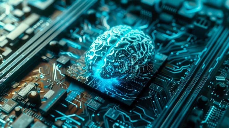 Artificial Intelligence Hardware Concept. Glowing Blue Brain on ...