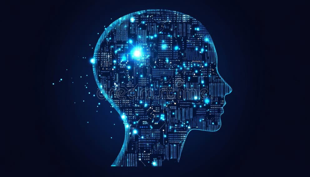 Artificial Intelligence, Head Silhouette, Motherboard, Binary Code on Dark Blue Background Stock ...