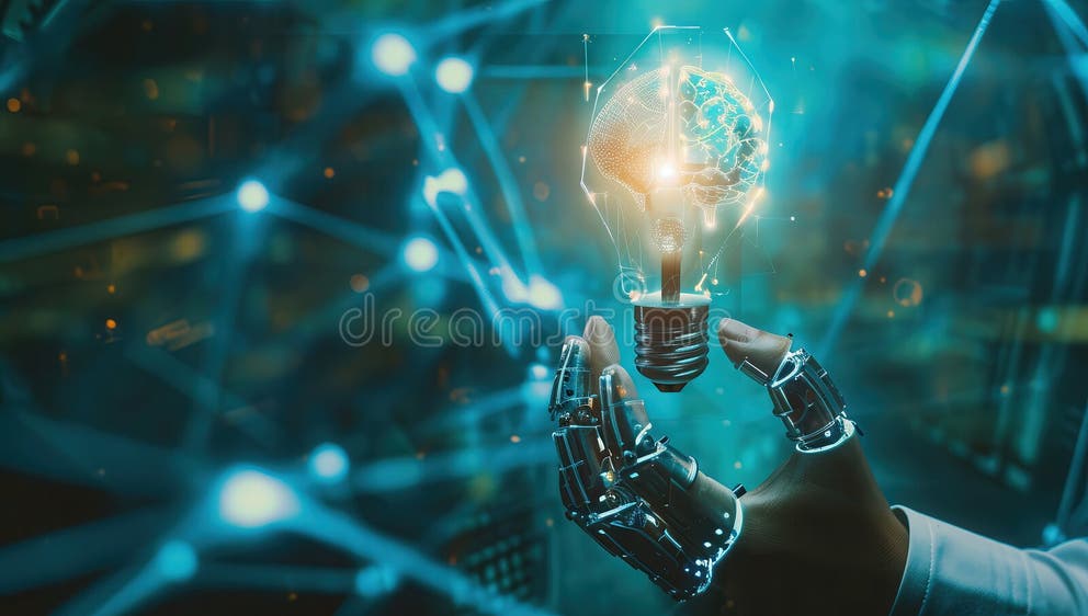 Artificial Intelligence Holding a Light Bulb, Futuristic Technology ...