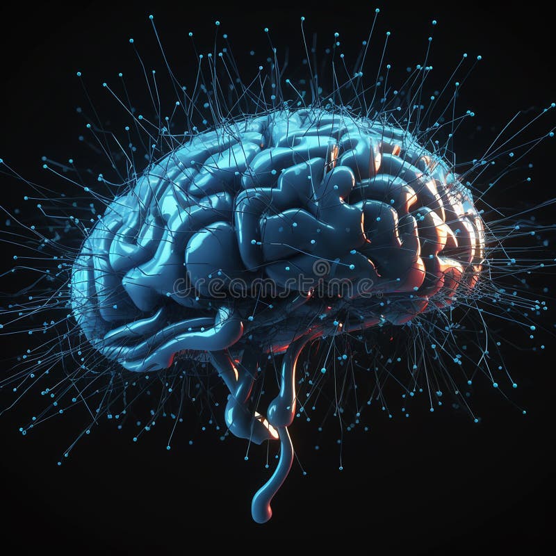 Artificial Intelligence. Human Brain on a Black Background and Blue ...