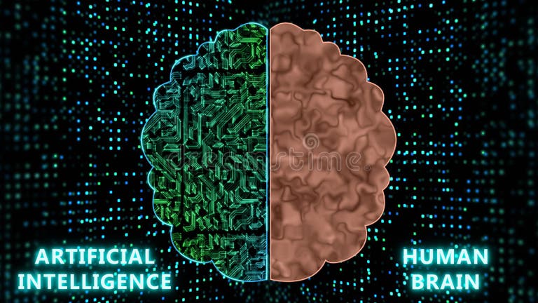 Artificial Intelligence and Human Brain Comparison Illustration Stock ...