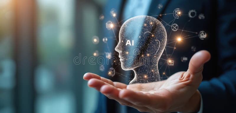 Artificial Intelligence Human Head with Digital Tech Network Over Hand ...