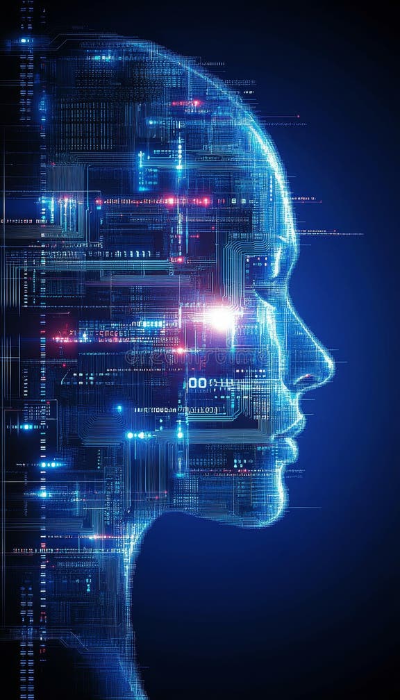 Artificial Intelligence. Human Head Profile Made of Illuminated Circuit ...
