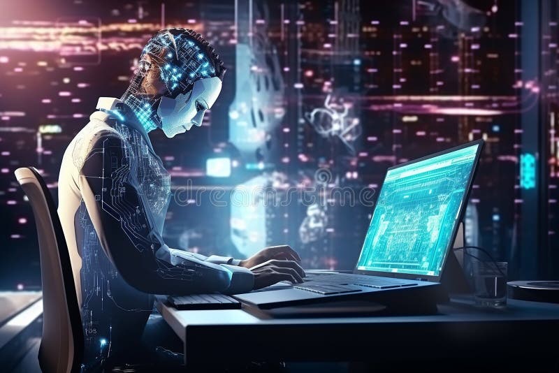 Intelligence, Human Robot Working at a Computer Stock Illustration ...