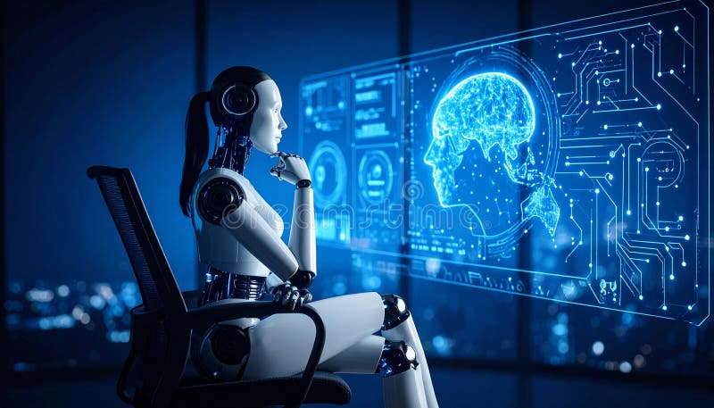 Artificial Intelligence Humanoid Robot Sitting in a Chair, Thinking Like a Human Stock ...