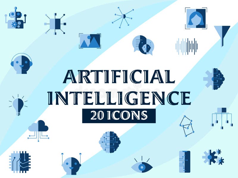 20 Artificial Intelligence Icon Set on Blue and White Stock ...