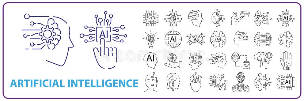 Artificial Intelligence Icon Set in Line Style, Machine Learning, Smart Robotic and Cloud ...