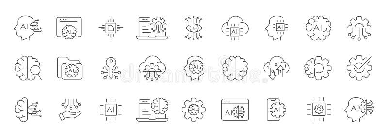 Artificial Intelligence Icons. Human Head with AI Chip, Technological ...