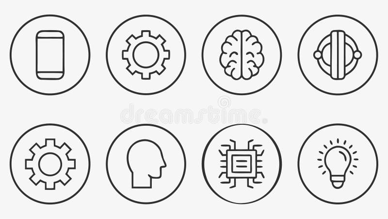 Artificial Intelligence Icons Representing Mechanical and Intellectual ...