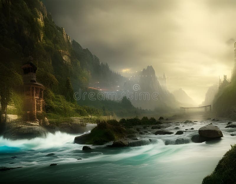 Rapids in the jungle stock illustration. Illustration of stream - 276121301