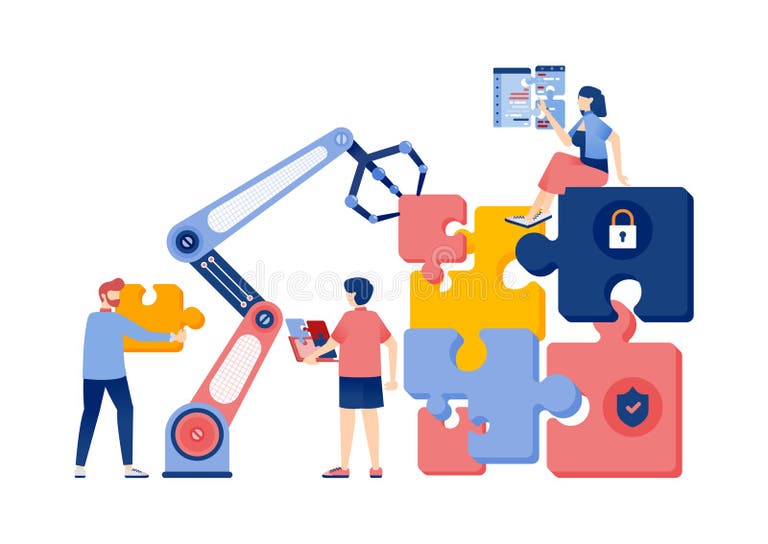 Artificial Intelligence Illustration with Robots and People Solving ...