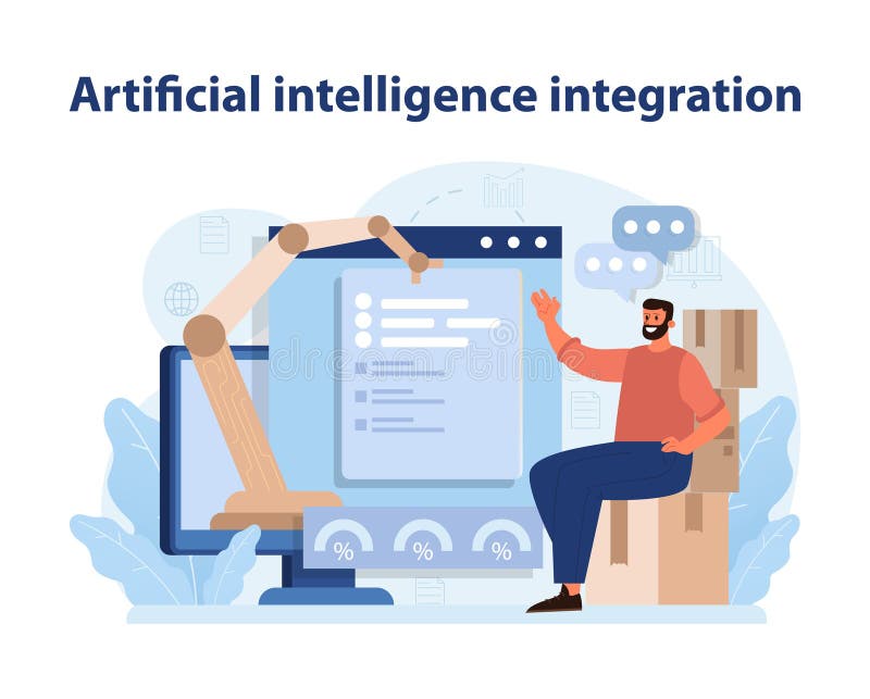 Artificial Intelligence Integration. Man Interacting with AI and Data ...