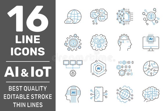 Artificial Intelligence and IoT Thin Icons Set. AI, Iot, IIoT, Factory ...