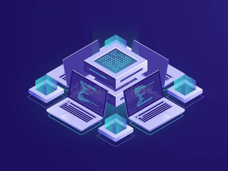 Artificial Intelligence Isometric Icon, Server Room, Datacenter and Database Concept, Code ...