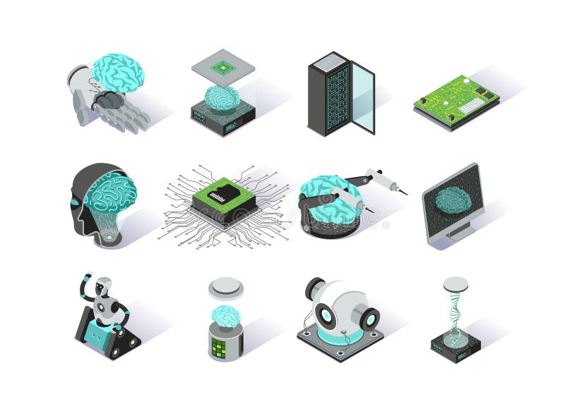 Artificial Intelligence Isometric Icons Set. Deep Learning Modern ...