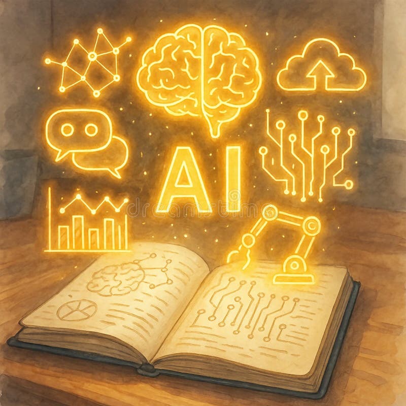 Artificial Intelligence Knowledge Book – Glowing AI Brain, Robotics ...