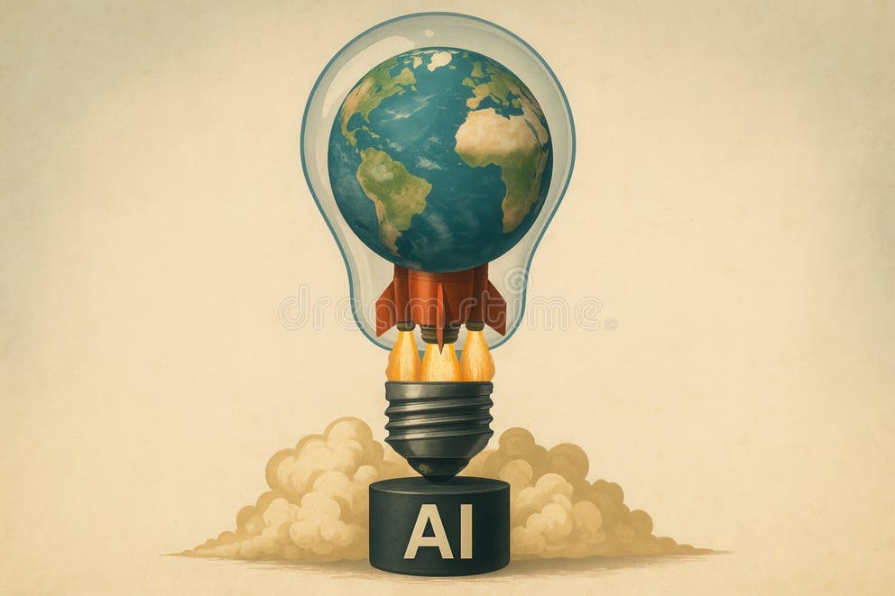 Artificial Intelligence Launching Planet Earth Inside Light Bulb Stock Illustration ...