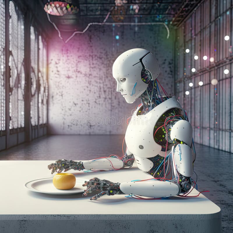 Artificial Intelligence Learning Food. White Android Robot Sitting at ...