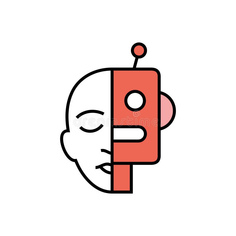 Human and Robot Face. Artificial Intelligence. Line Coloured Vector ...