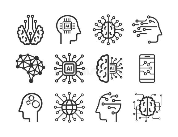 Artificial Intelligence Line Icons. AI Technology: Internet, Solving, Algorithm, Vector ...