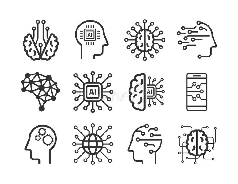 Artificial Intelligence Line Icons. AI Technology: Internet, Solving, Algorithm, Vector ...