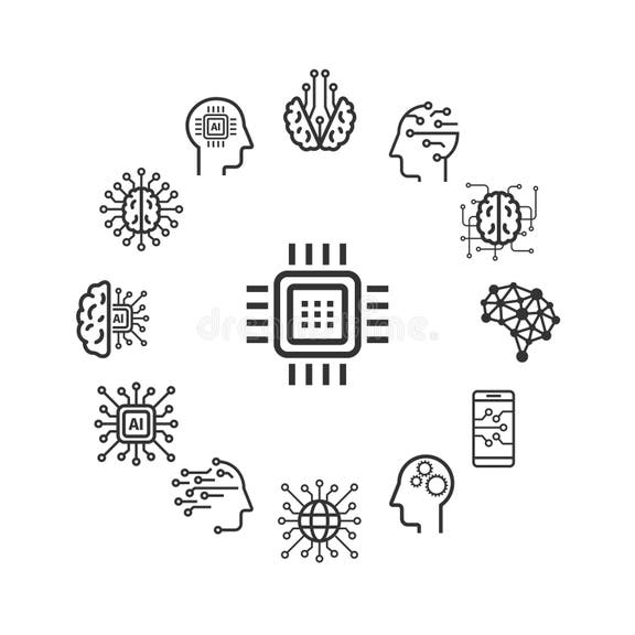 Artificial Intelligence Line Icons. AI Technology: Internet, Solving ...