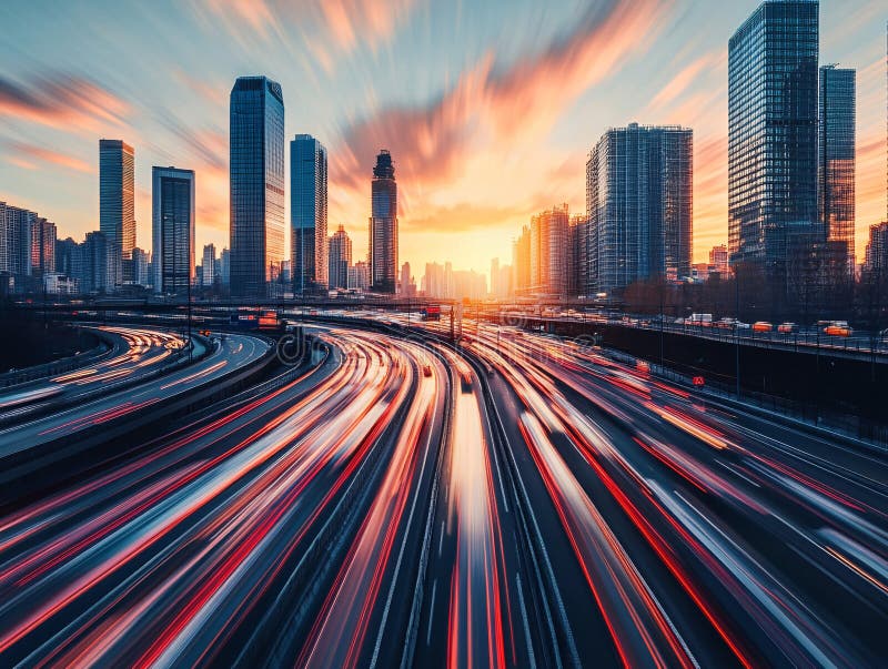 Artificial Intelligence. Long Exposure. Highway in the City at Sunset ...