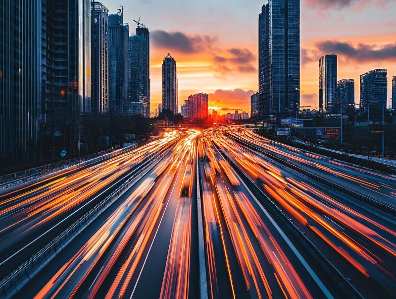 Artificial Intelligence. Long Exposure. Highway in the City at Sunset ...