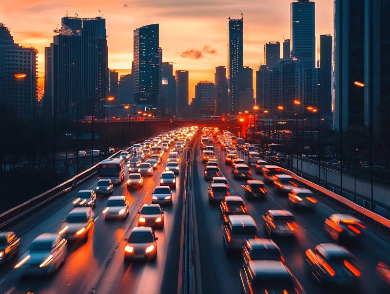 Artificial Intelligence. Long Exposure. Highway in the City at Sunset ...