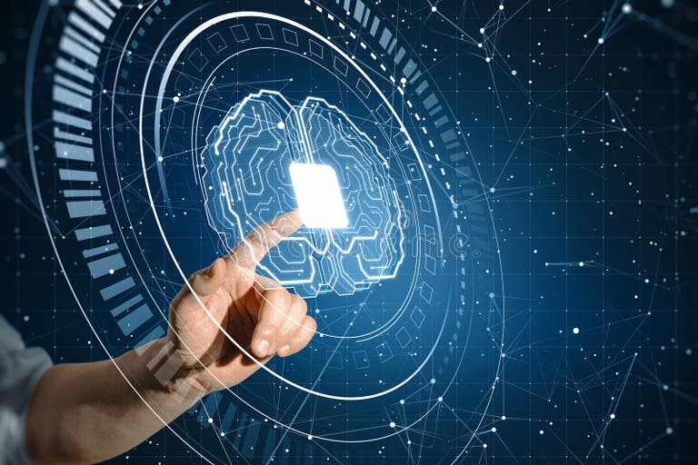 Artificial Intelligence, Machine Learning and Innovation Technology Concept with Man Finger on ...