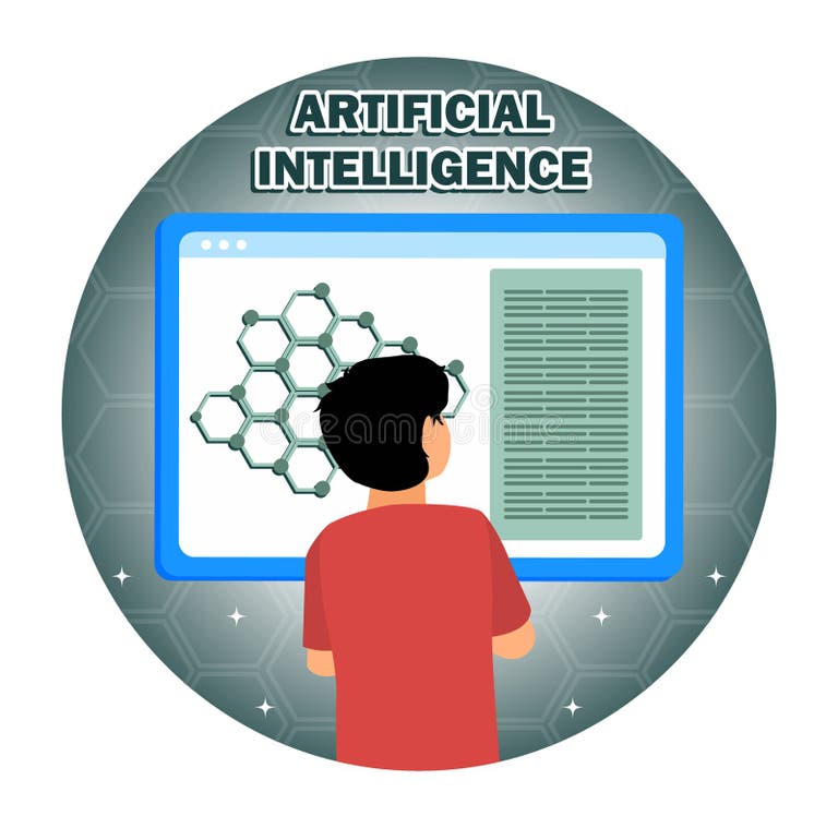 Artificial Intelligence. Man Interacting with Artificial Intelligence Interface and Scientific ...