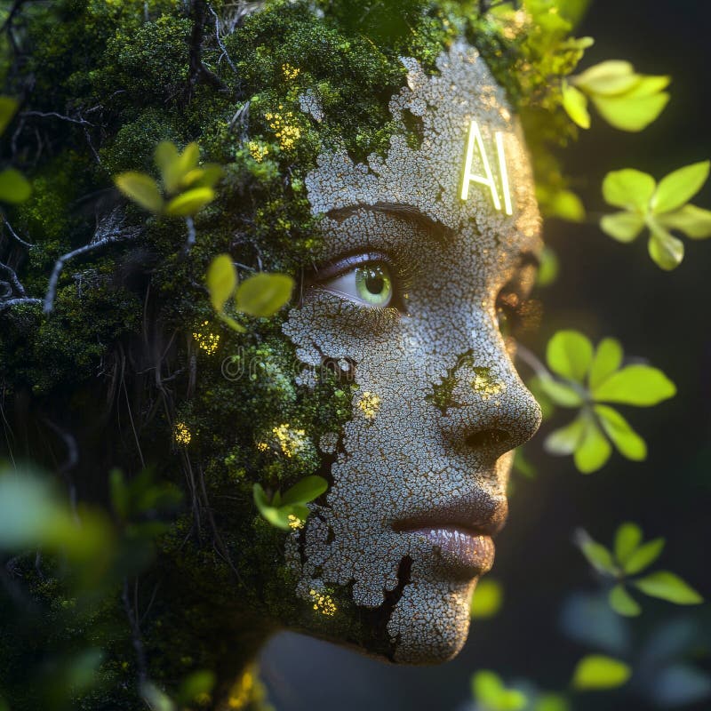 Artificial Intelligence Nature Integration: Female Face with Green ...