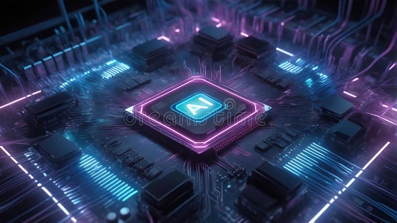 Artificial Intelligence Neon Chipset Processor on Circuit Board Working ...