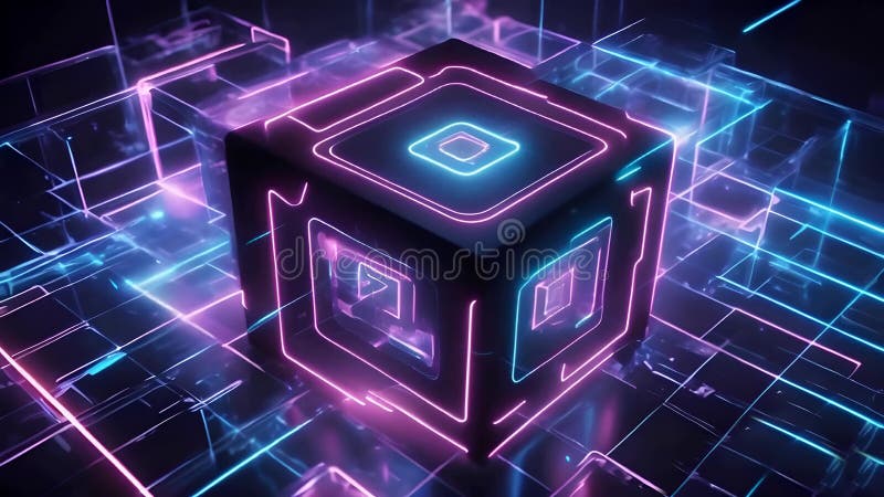 Artificial Intelligence Neon Cube Processor on Circuit Board Working on ...