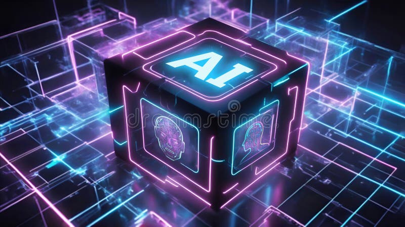 Artificial Intelligence Neon Cube Processor on Circuit Board Working on ...