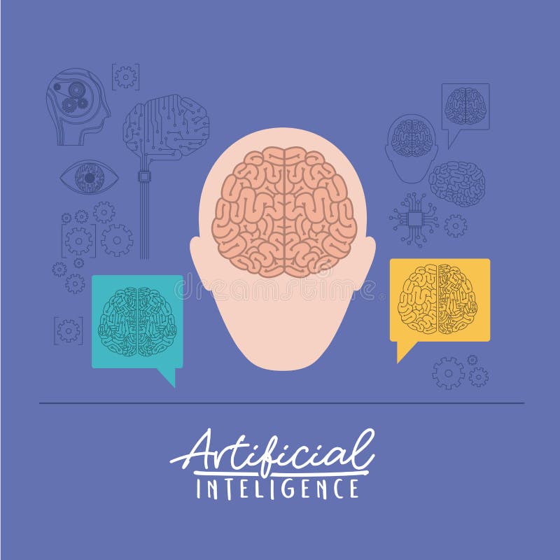Artificial Intelligence Poster with Human Head Silhouette with Brain in ...