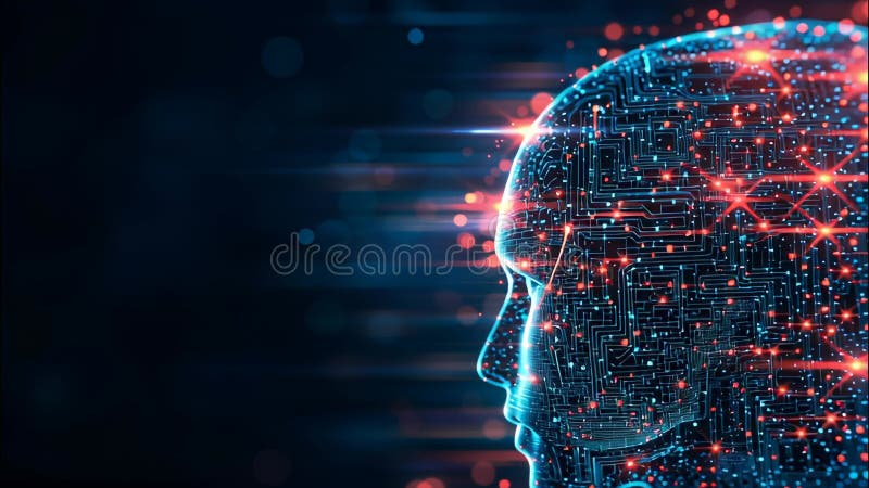 Artificial Intelligence is Processing Data Represented by Glowing Electronic Circuits Forming a ...