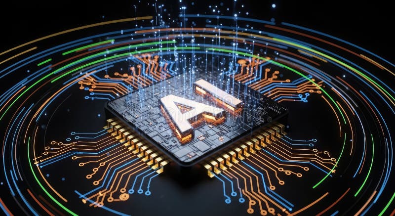 Artificial Intelligence Processor with Glowing Digital Data Streams, Intricate Circuit Board ...