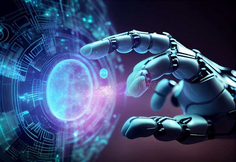 Robot Finger Point To Laptop Button with Flare Light Effect. AI ...