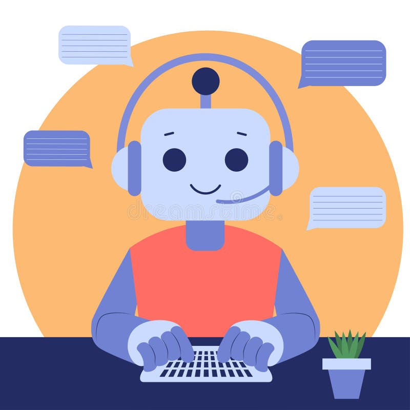 Artificial Intelligence Robot Answers Questions And Generates Ideas Vector Flat Illustration
