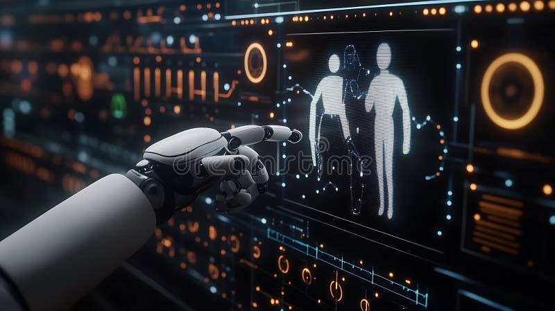 Artificial Intelligence Robot Arm Pointing at Human Form on Screen ...