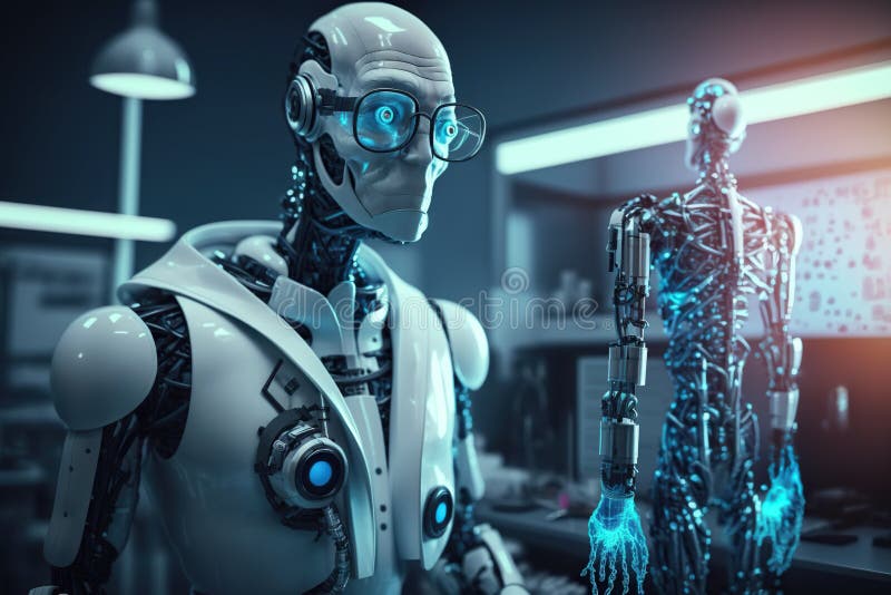 Artificial Intelligence Robot Dressed As Scientists Make an Experiment, Created with Generative ...