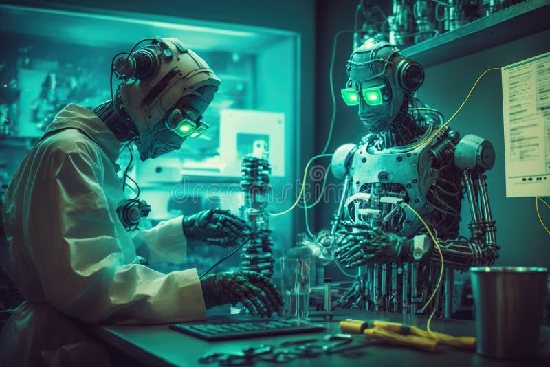 Artificial Intelligence Robot Dressed As Scientists Make an Experiment ...