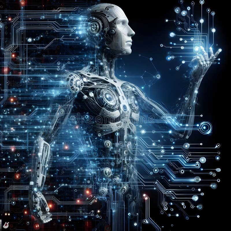 Artificial Intelligence Robot Look Up Electronics Connections Dark ...