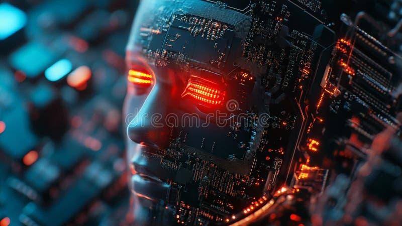 Artificial Intelligence Robot Face Emerging from Circuit Board Stock ...